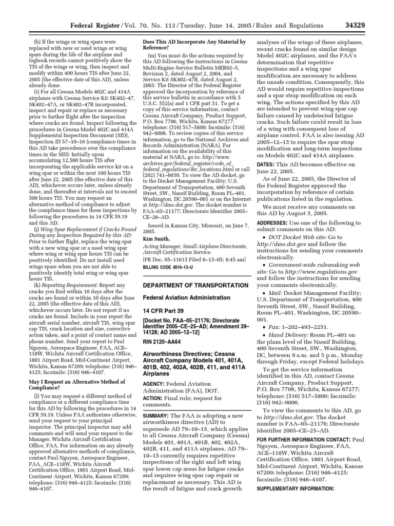 Rule: Airworthiness Directives: Cessna | PDF | Federal Aviation ...