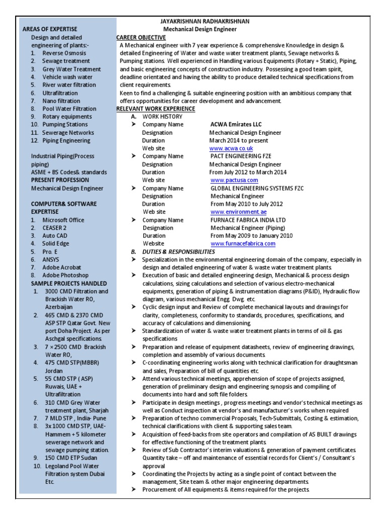 CV- Design Engineer- Water & Waste Water | Engineering | Sewage Treatment