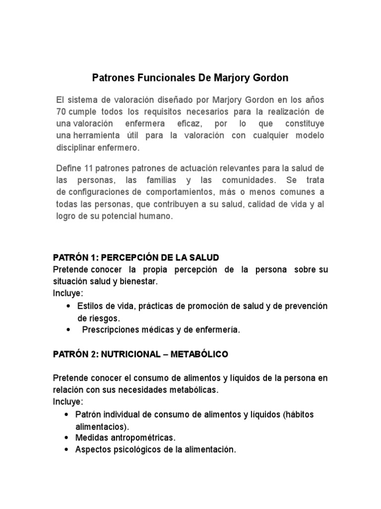 Patrones Funcionales de Gordon | PDF | Ejercicio físico | Enfermería