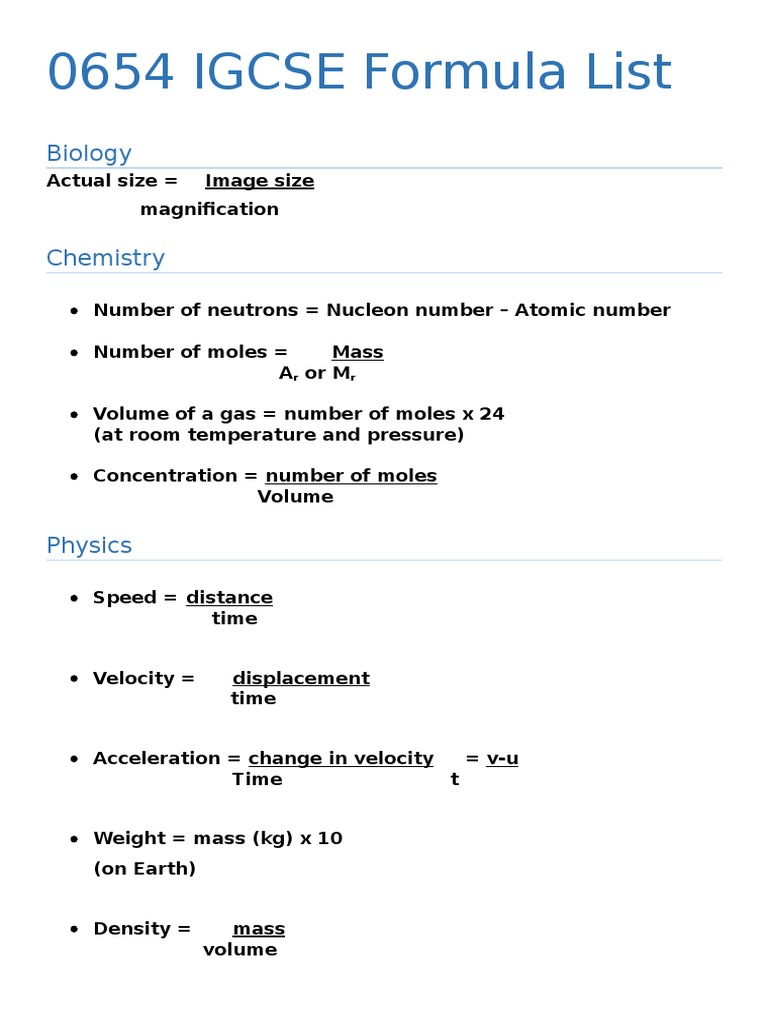0654 IGCSE Formula List | PDF