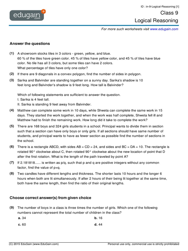 Grade 9 Logical Reasoning in | PDF | Rectangle | Mathematical Concepts