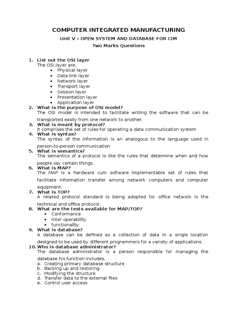 Computer Integrated Manufacturing - 2marks | PDF | Osi Model | Databases
