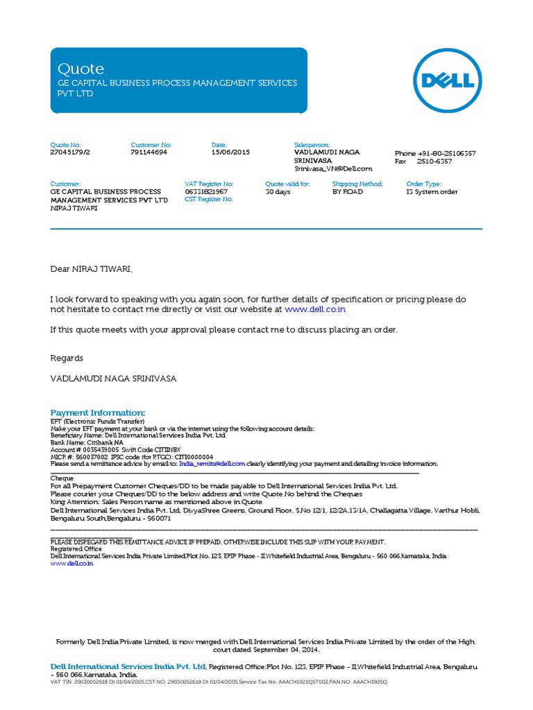 Dell Quote for GE Capital BPM Services | PDF | Dell | Cheque