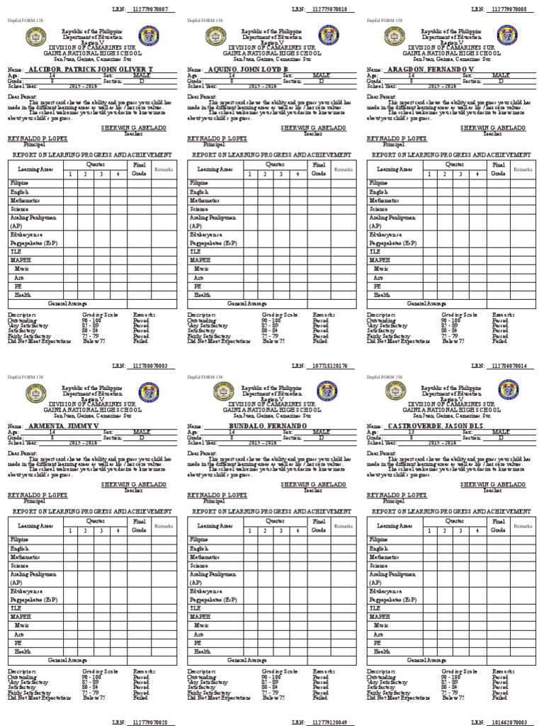 Form 138 Front | Download Free PDF | Statistics Of Education ...
