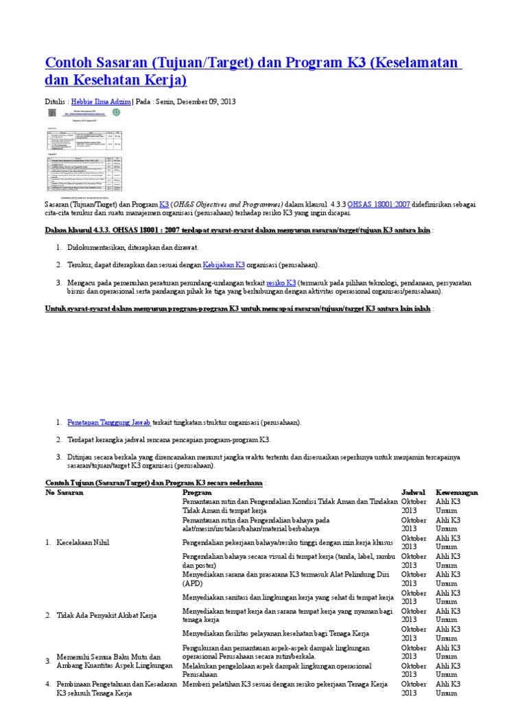 Contoh Sasaran DAN PROGRAM K3 | PDF