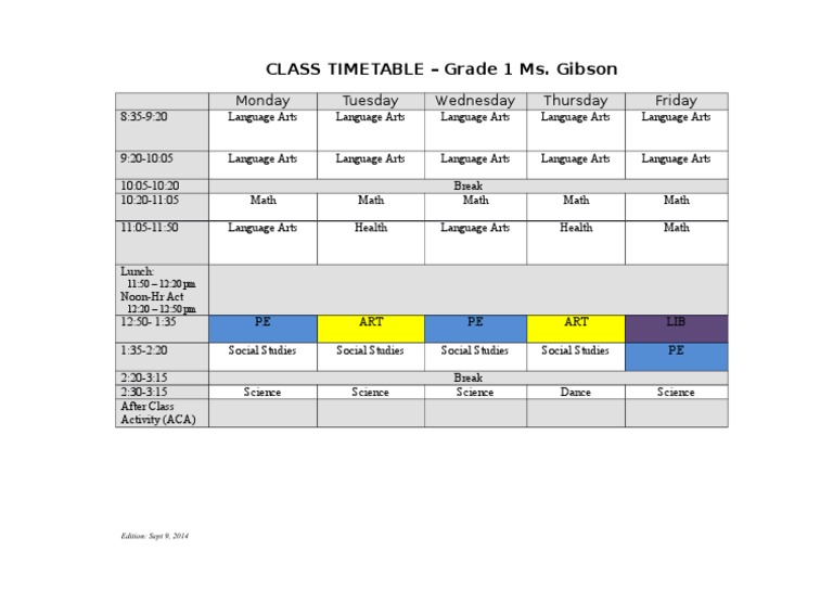Timetable - Grade 1 | PDF | Language Arts & Discipline | Foreign Language Studies