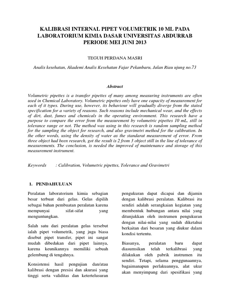 Jurnal Kalibrasi Internal Pipet Volumetrik 10 ML Pada Laboratorium ...