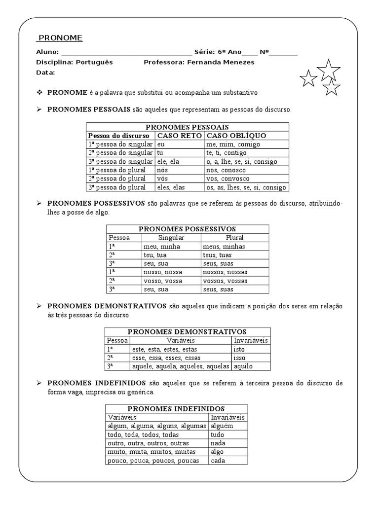 Pronome 6 Ano Atividades | Pronome | Regras