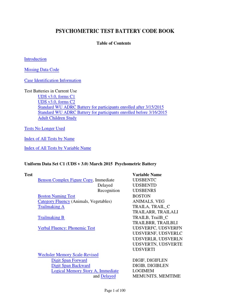Psychometric Test Battery Code Book | PDF | Wechsler Adult Intelligence ...