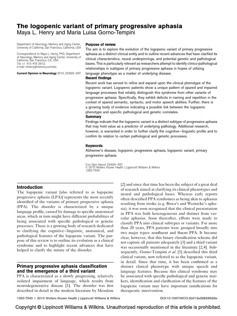 The Logopenic Variant of Primary Progressive Aphasia | PDF | Aphasia ...