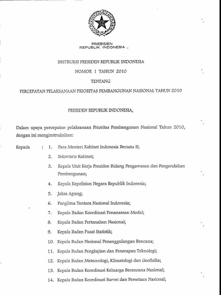 Inpres No.1 Tahun 2010 - Percepatan Pelaksanaan Prioritas Pembangunan | PDF