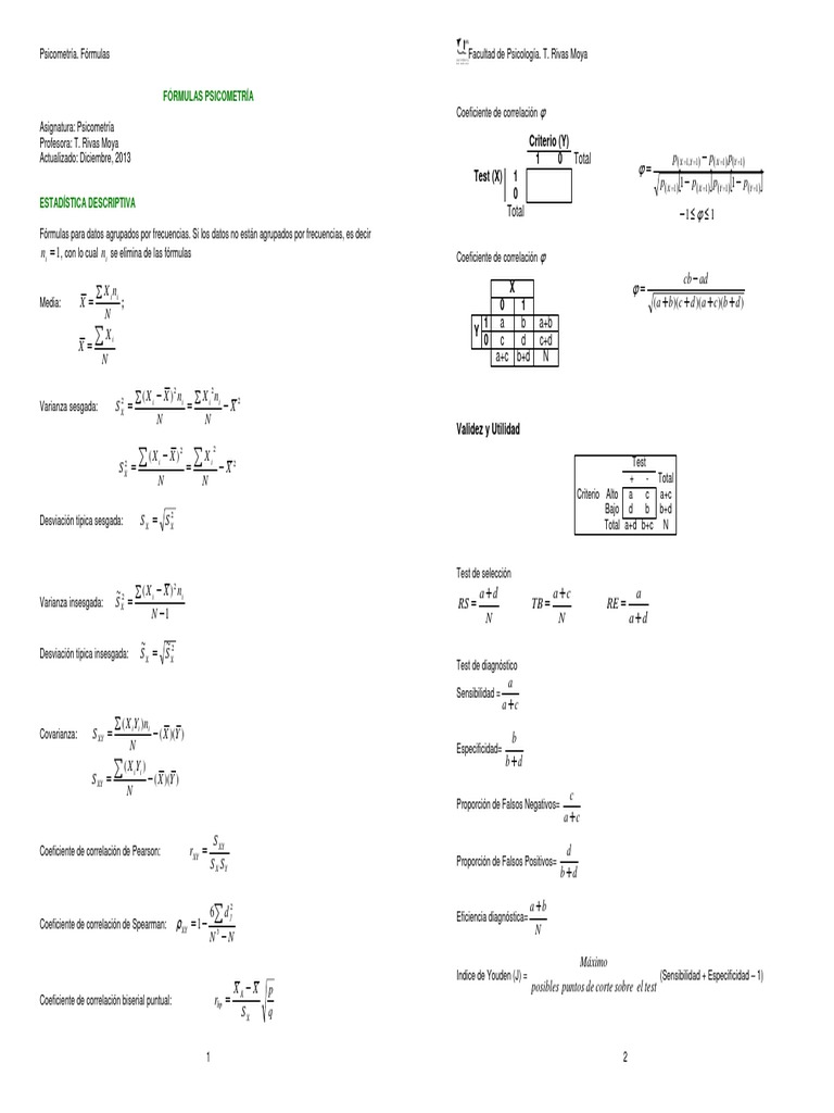 Fórmulas Psicometria Uma | PDF | Recopilación de datos | Análisis