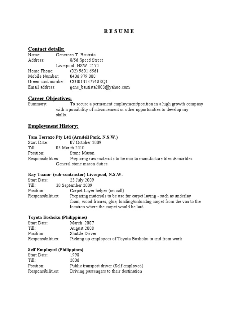 RESUME Contact Details | Transport | Business