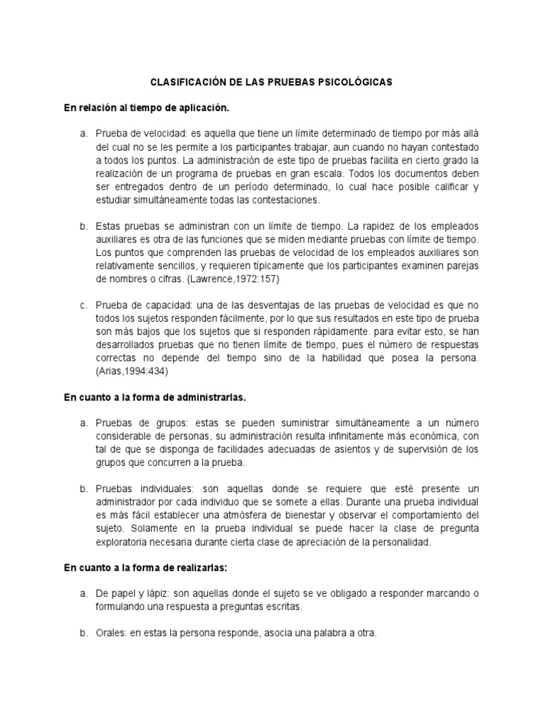 Clasificacion de Las Pruebas Psicologicas | PDF