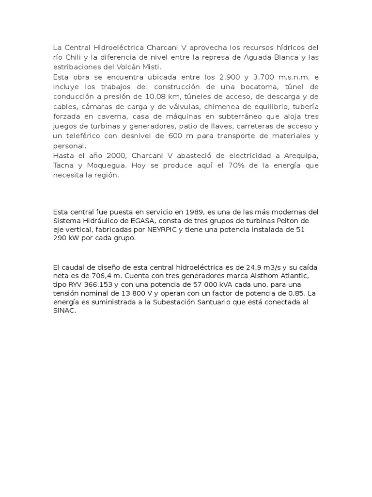 La Central Hidroeléctrica Charcani V | PDF | Transformador | Corriente eléctrica