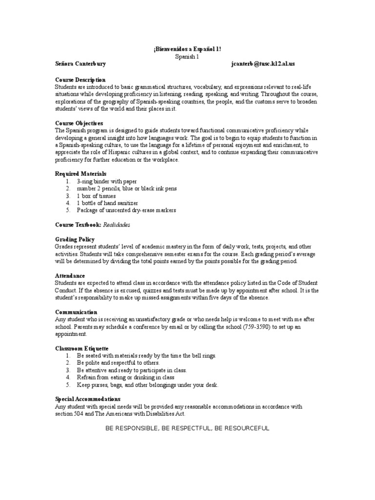Syllabus Spanish 1 2015-2016 | PDF | Foreign Language Studies | Wellness