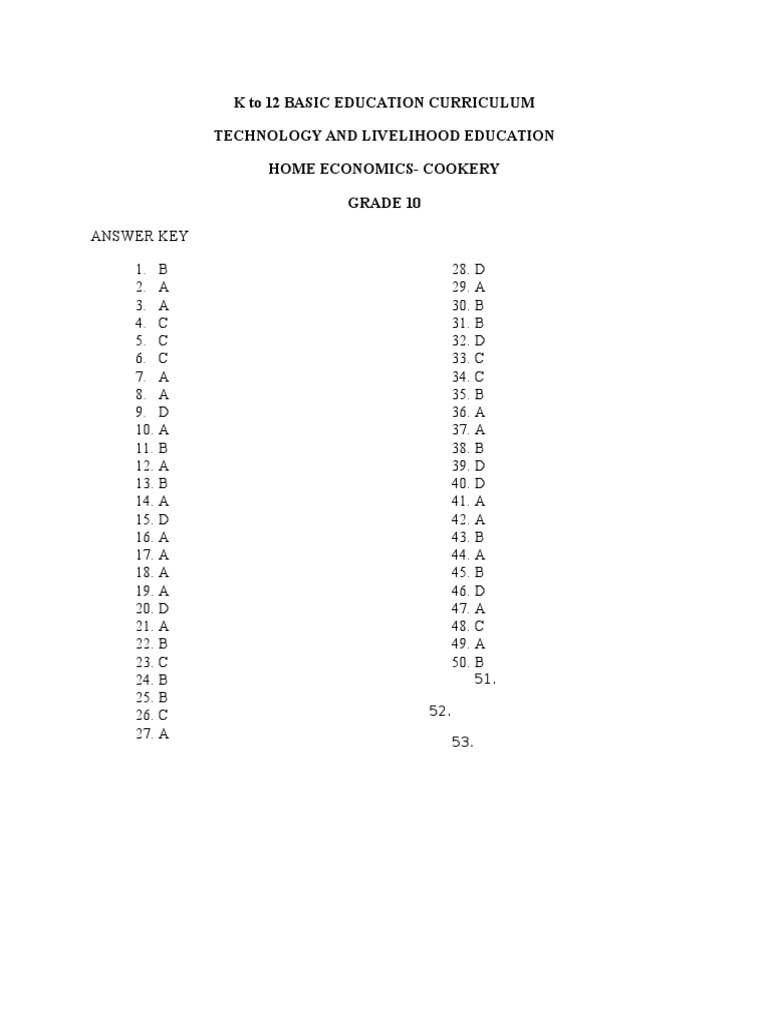 Grade 10 Home Economics Answer Key | PDF