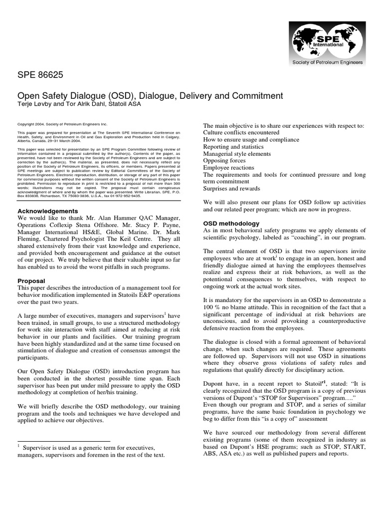 Open Safety Dialogue (OSD), Dialogue, Delivery and Commitment | PDF ...