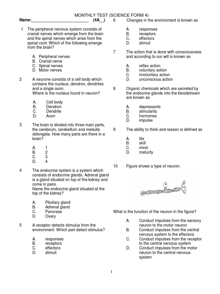 Science Form 4 (Monthly Test) | PDF | Nerve | Stimulus (Physiology)
