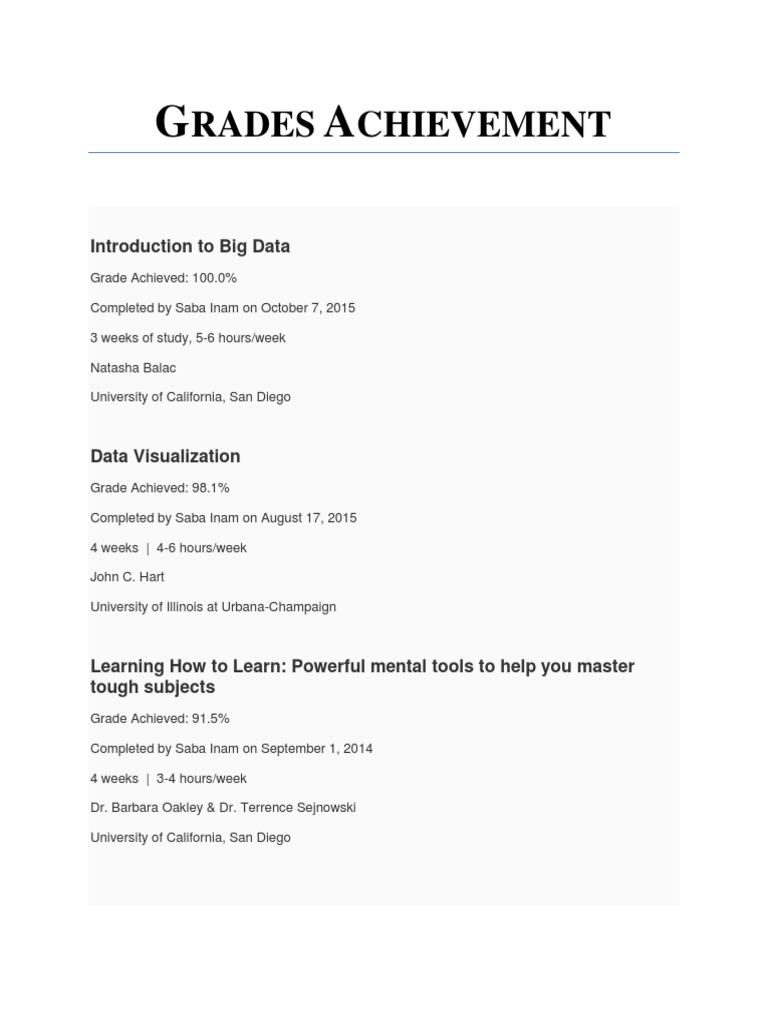 Grades Achieved in Data Courses | PDF | Career & Growth | Wellness