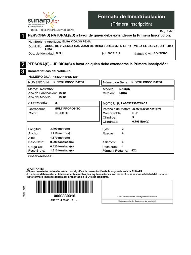 Modelo de Formato de Inmatriculación SUNARP | PDF