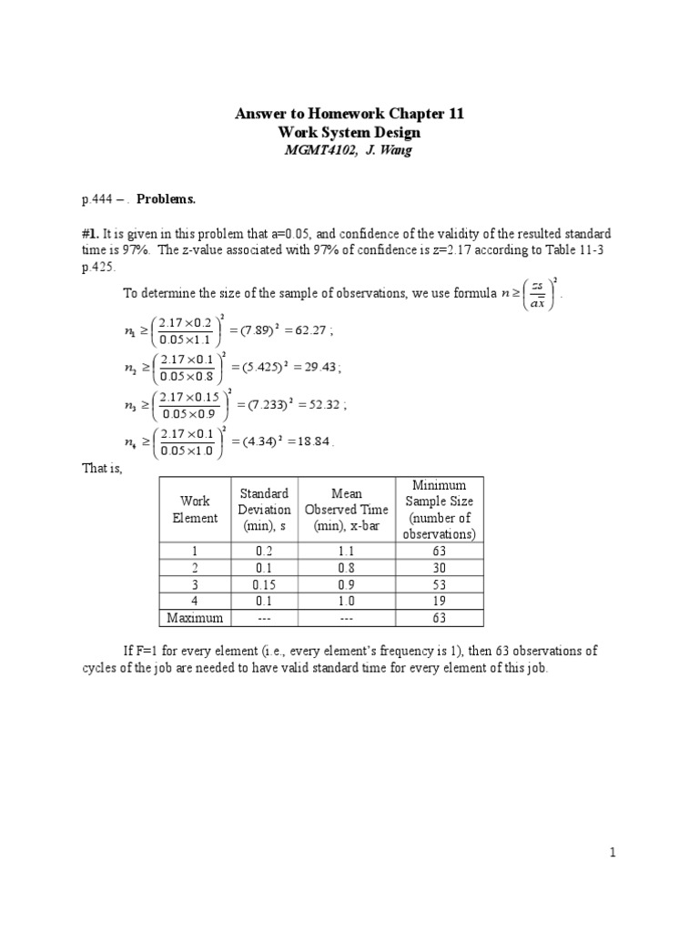 Answer To Homework Chapter 11 Work System Design | PDF | Sample Size ...