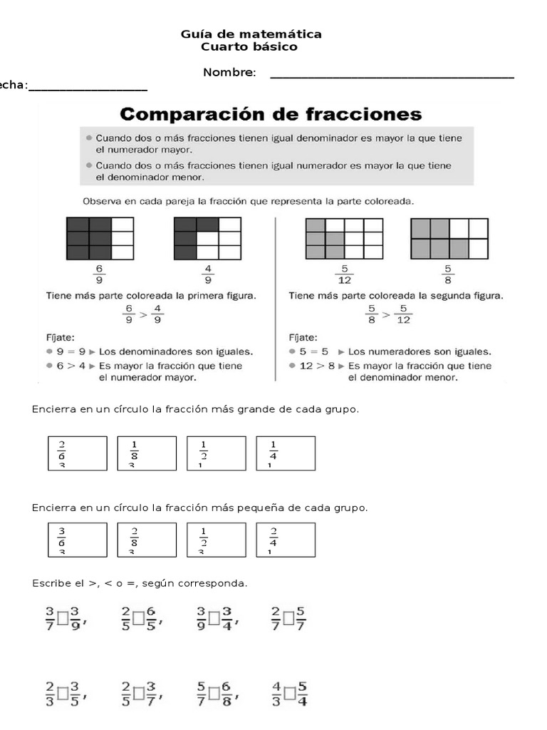 Hoja De Trabajo De Comparación De Fracciones, Cuarto Grado Fracciones
