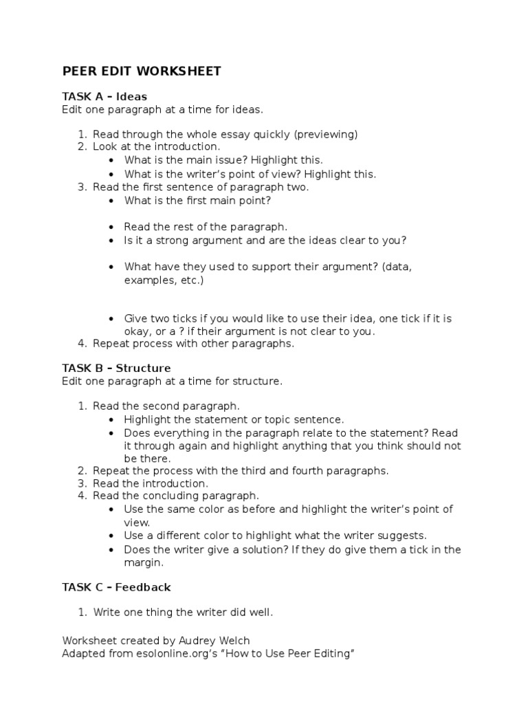 Peer Edit Worksheet: TASK A - Ideas | PDF
