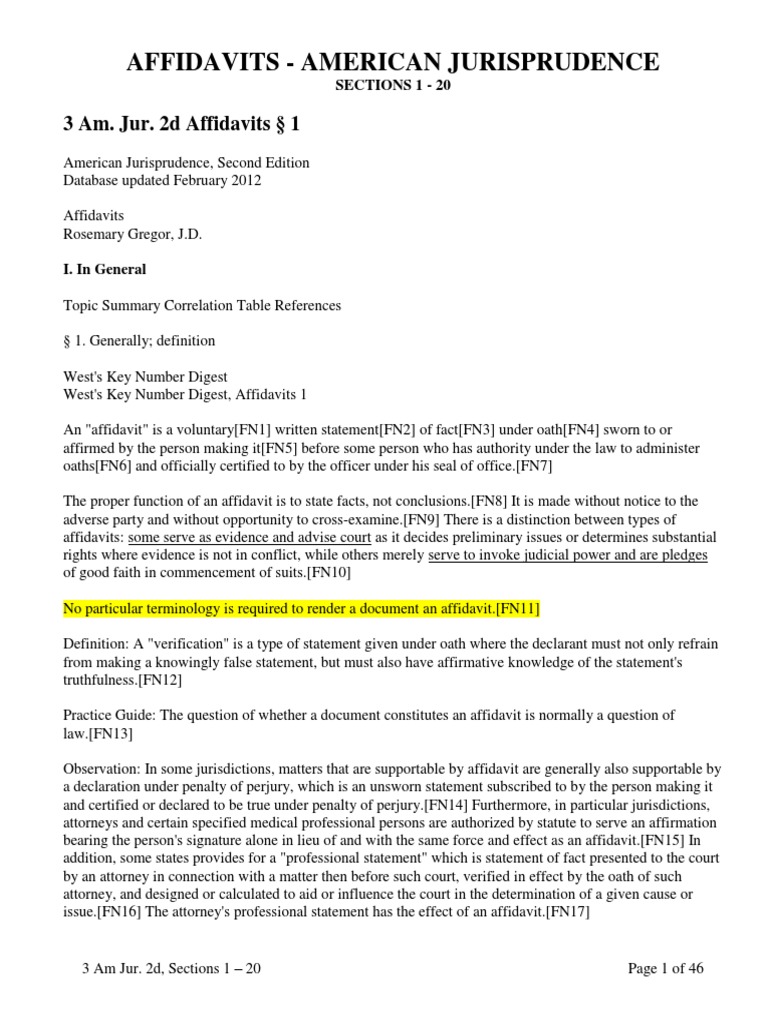 Am Jur 2d Affidavits Sections 1 20 | PDF | Affidavit | Notary Public