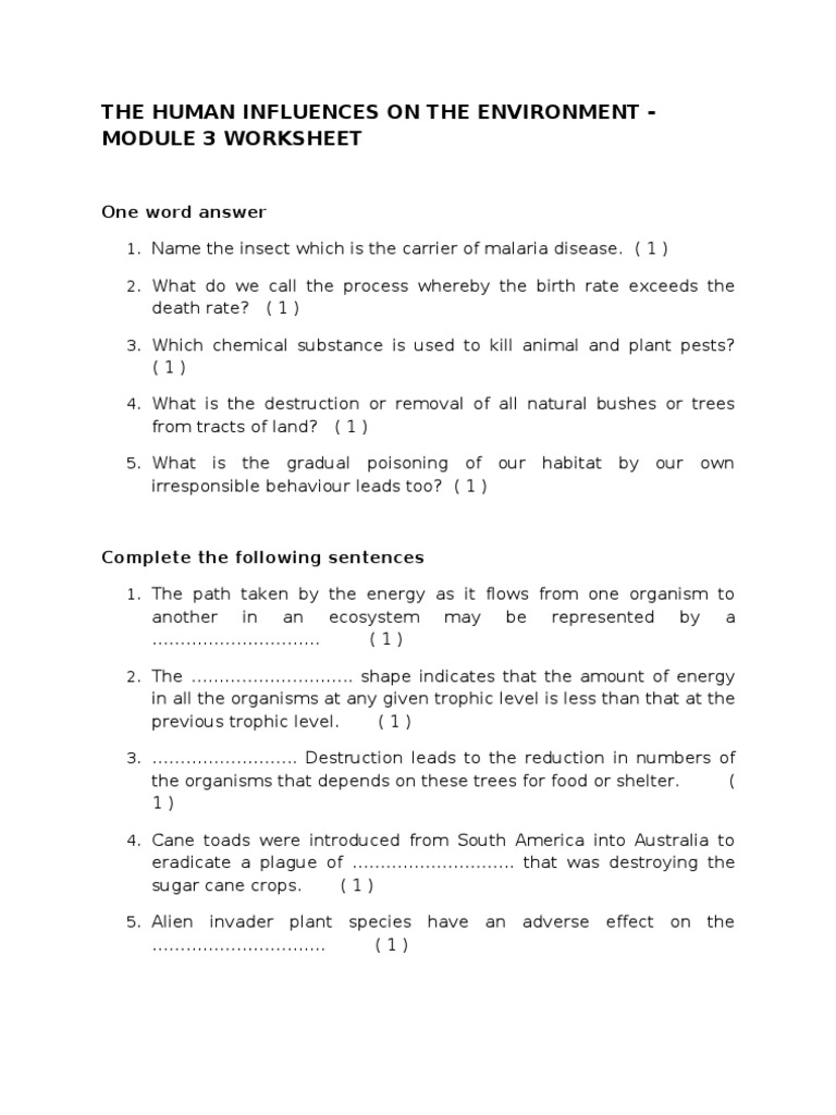 The Human Influences On The Environment Worksheet 2 | PDF