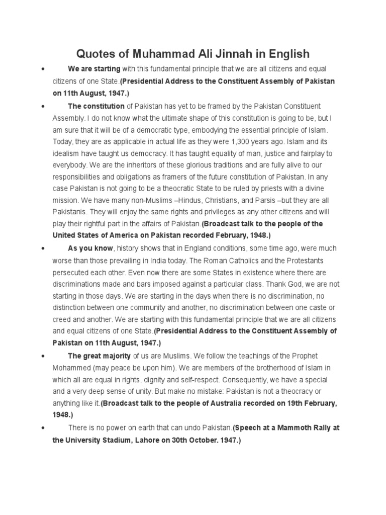 Quotes of Muhammad Ali Jinnah in English | PDF | Muhammad Ali Jinnah ...