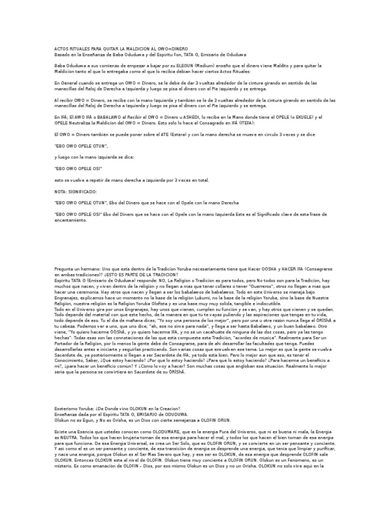 Actos Rituales para Quitar La Maldicion Al Owo | PDF | Mitos de la ...