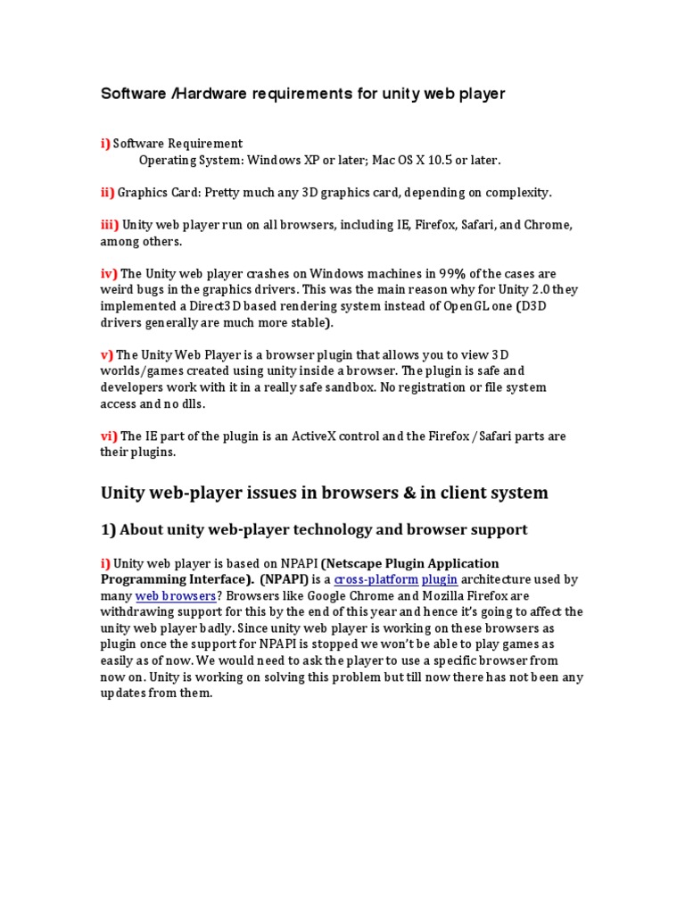 Software /hardware Requirements For Unity Web Player | PDF | Java ...