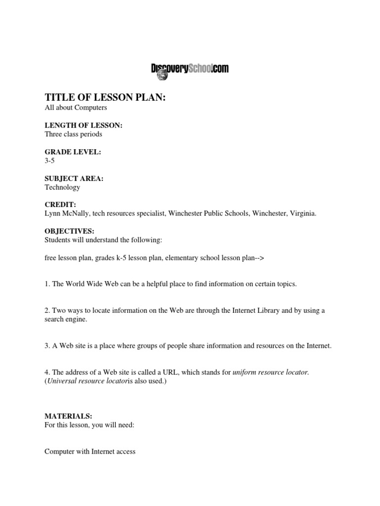 Lesson Plan - All About Computers | PDF | World Wide Web | Internet & Web