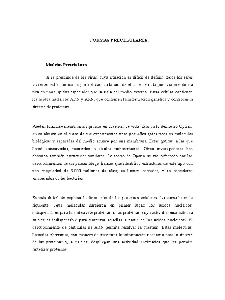 Origen y Evolución de Formas Precelulares | PDF | Organismos | Abiogénesis