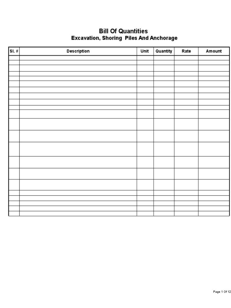 Bill of Quantities: Excavation, Shoring Piles and Anchorage | PDF ...