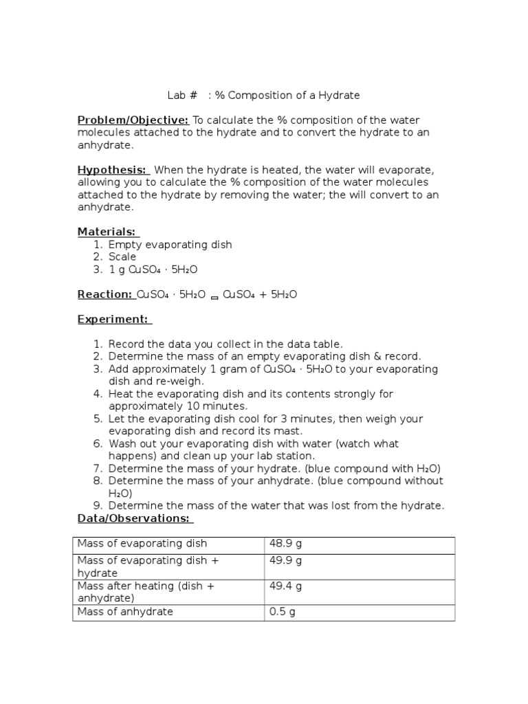 % Composition of Hydrate Lab | PDF