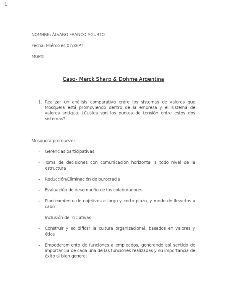Caso - Merck Sharp & Dohme Argentina - ALVARO FRANCO AGURTO | PDF | Toma de decisiones | Ciencia ...