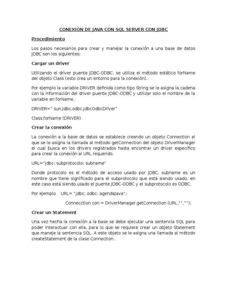 Conexión De Java Con Sql Server Con Jdbc Pdf Java Lenguaje De Programación Sql