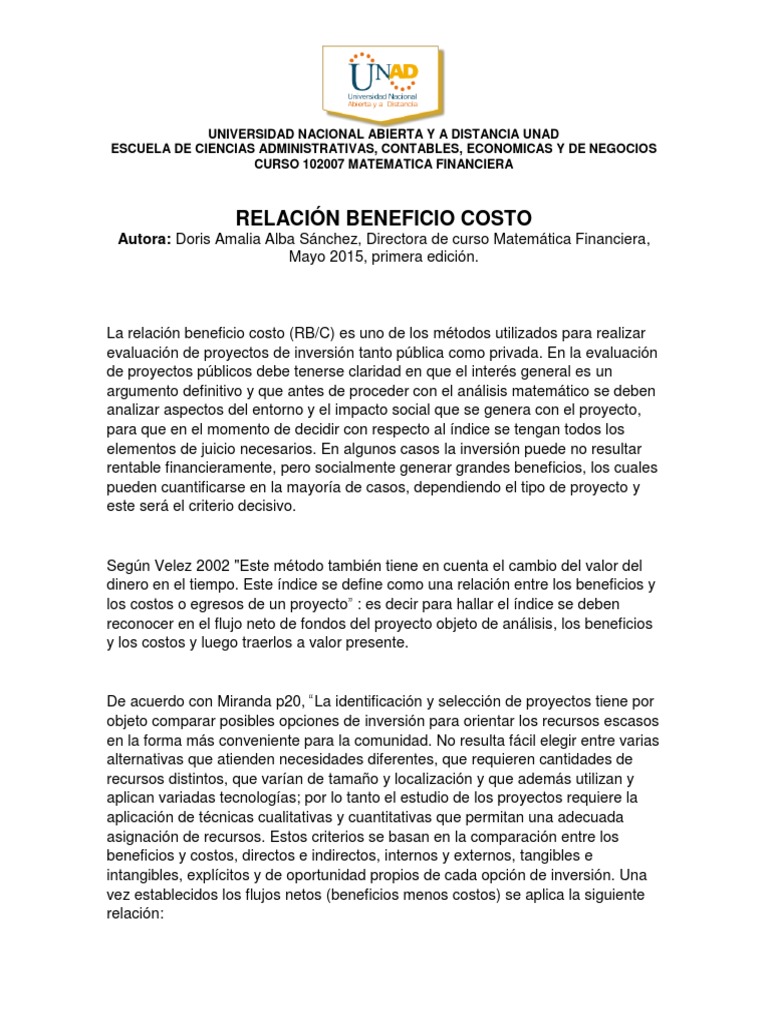 Relacion Beneficio Costo | PDF | Finanzas Matemáticas | Beneficio ...