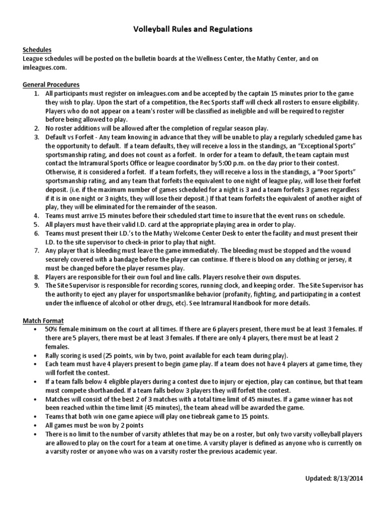 Volleyball Rules and Regulations: Schedules | PDF | Volleyball | Ball Games