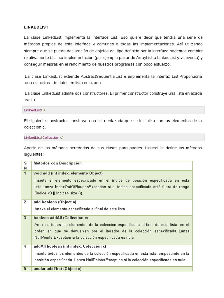 Métodos y Uso de LinkedList en Java | PDF | Java (lenguaje de programación) | Gestión de datos
