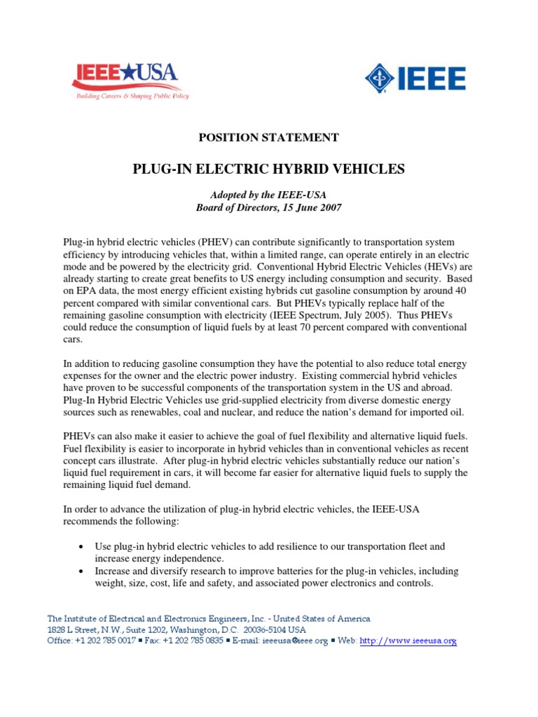 Plug-In Electric Hybrid Vehicles: Position Statement | PDF | Plug In ...