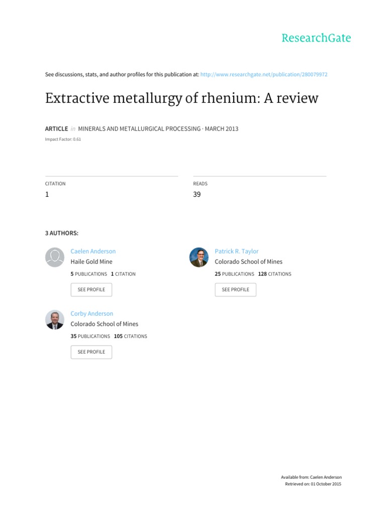 Extractive Metallurgy of Rhenium | PDF | Molybdenum | Ion Exchange