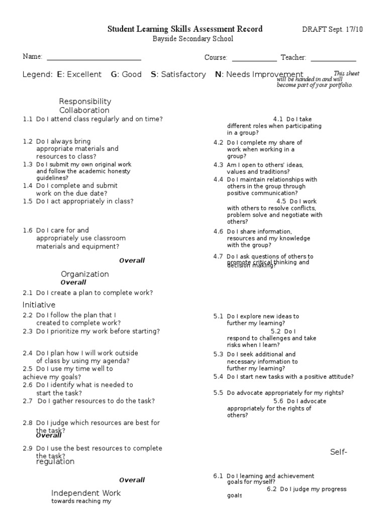 Student Learning Skills Assessment | PDF