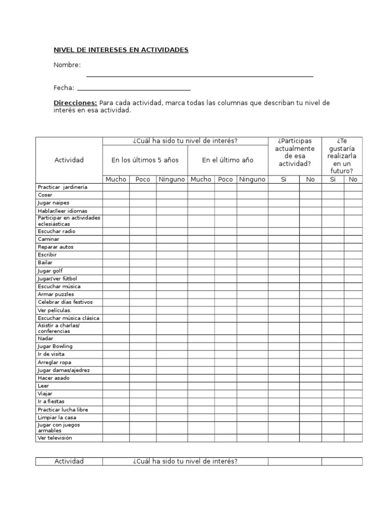 Nivel De Intereses En Actividades Moho Pdf Ocio Deportes