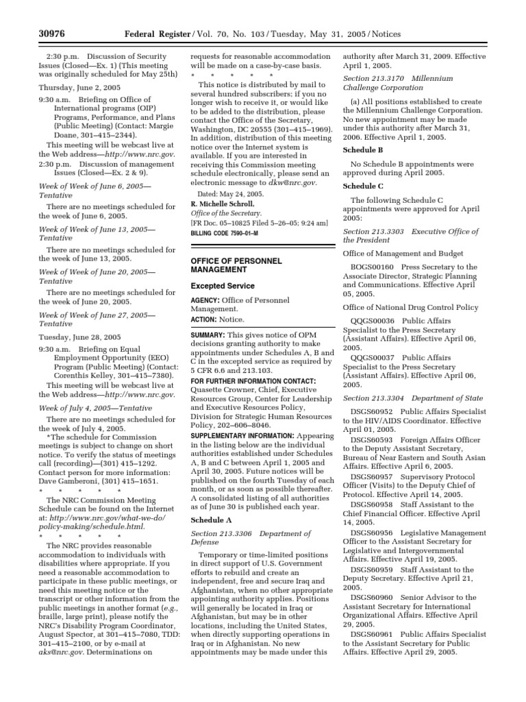 Notice: Excepted Service: Schedules A, B and C Positions Placed or ...