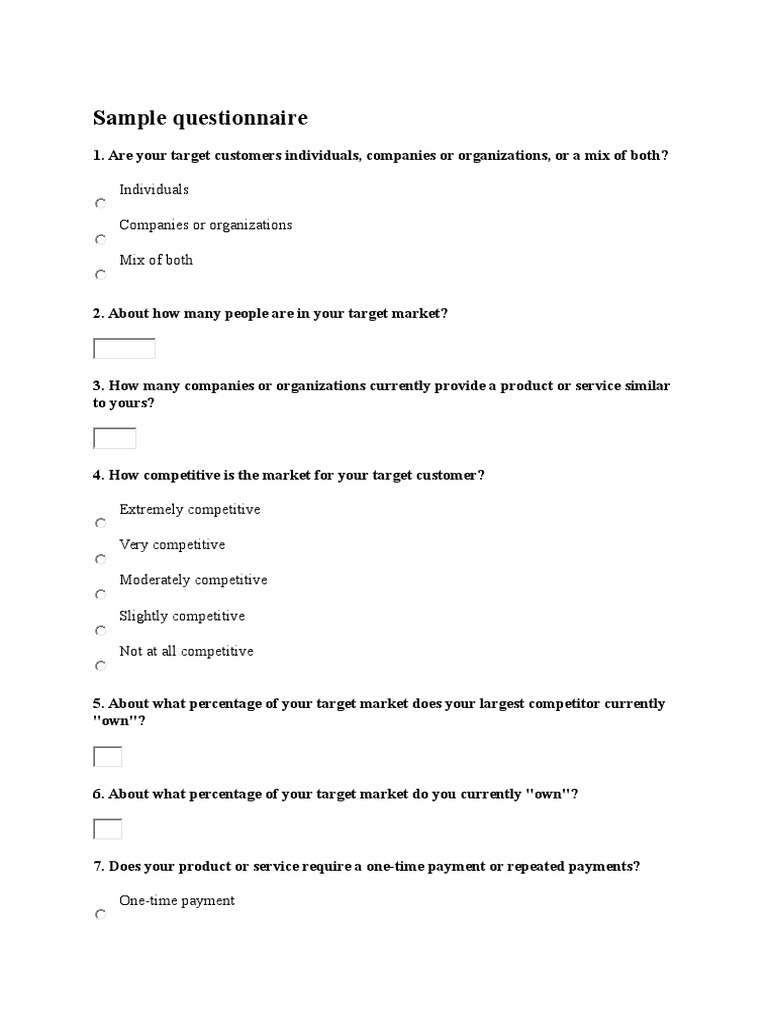 Sample Questionnaire: Individuals Companies or Organizations Mix of ...