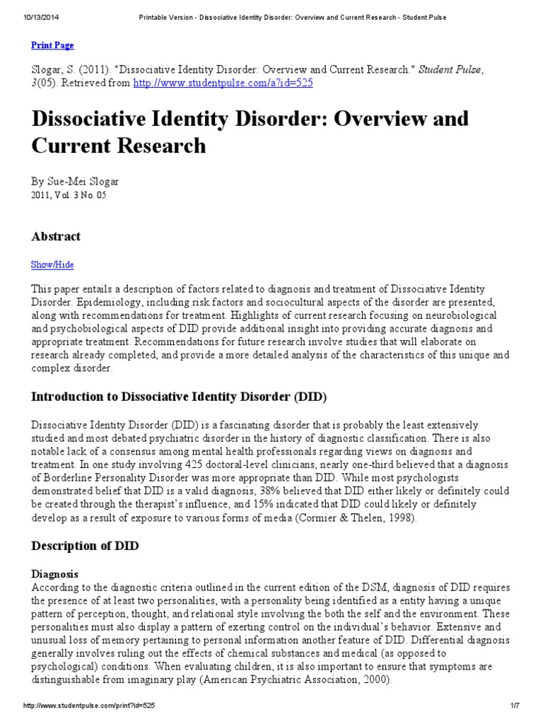 Slogar, Sue-Mei - Dissociative Identity Disorder - Overview and Current ...
