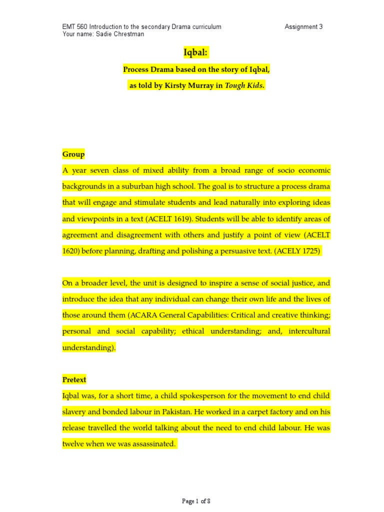 Iqbal Process Drama Year 7 English | PDF | Curriculum | Child Labour